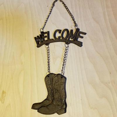 Distressed Metal Rustic Welcome Sign Cowboy Boot Chain Link Hanger ...