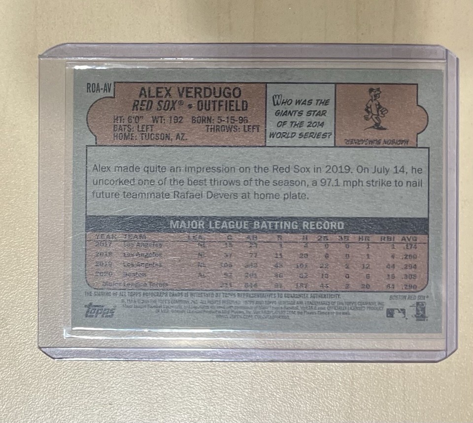 ALEX VERDUGO 2021 TOPPS HERITAGE REAL ONE BLUE AUTOGRAPH AUTO #ROA-AV ...