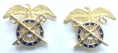 TWO ANTIQUE WWII EAGLE CROSSED SWORD KEY BLUE ENAMEL QUARTERMASTER PINS ...