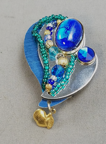 Signed LIZTECH Heart Brooch Pin w/ Blue Stones, Green Beads & Gold ...