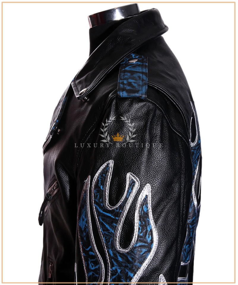 Brando Men's Blue Flames Motorcycle Real Cowhide Leather Biker Fashion ...