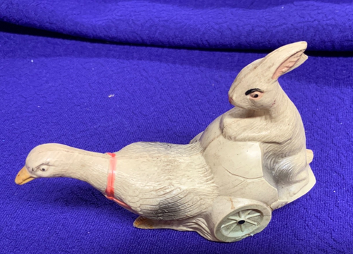 Antique VISCOLOID Celluloid Easter Rabbit w/ Goose-some damage | eBay
