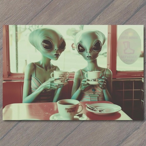 POSTCARD Alien Casual Cafe Sitting Normal Everyday Mundane Restaurant ...