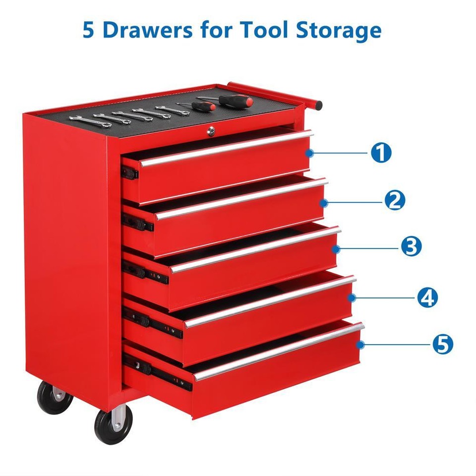 5-Drawer Rolling Tool Chest Box w/ Key&Lock Storage Cabinet Organizer ...