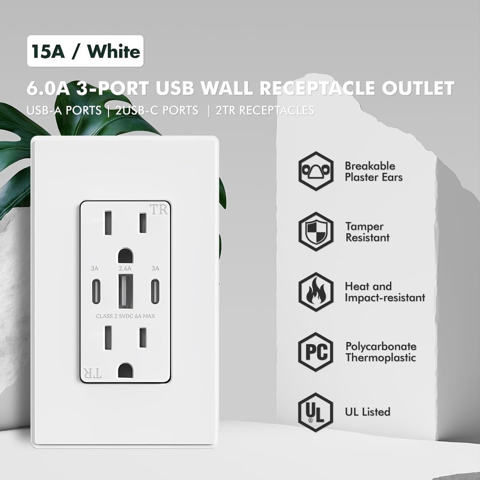 USB Charger Wall Outlet Dual High Speed Receptacle 15-Amp, Smart 6A ...