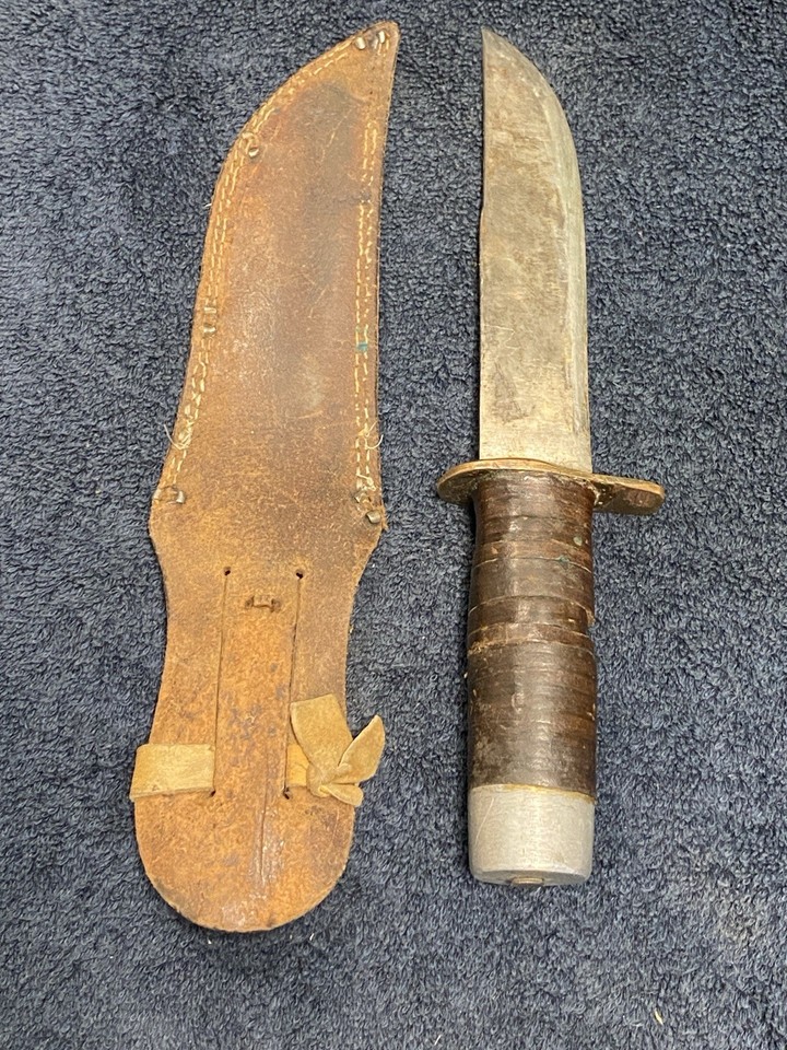 Vintage WWII Theater Knife - 10 3/8” Drop Point - Leather Ring Handle ...