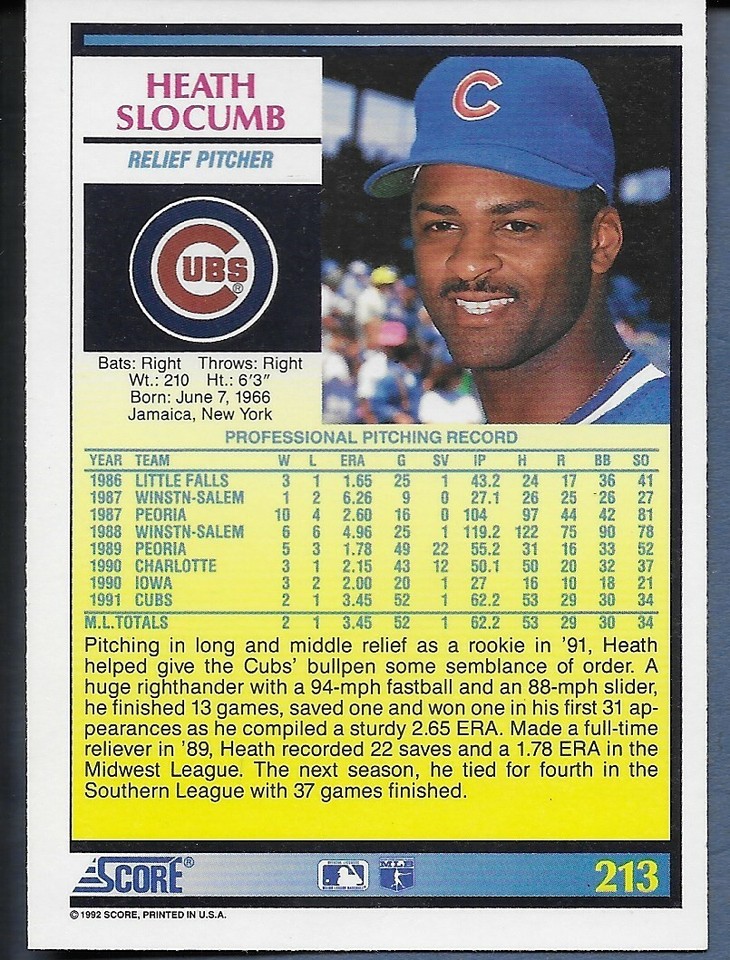 1992 Score #213 Heathcliff Slocumb Cubs NM | eBay