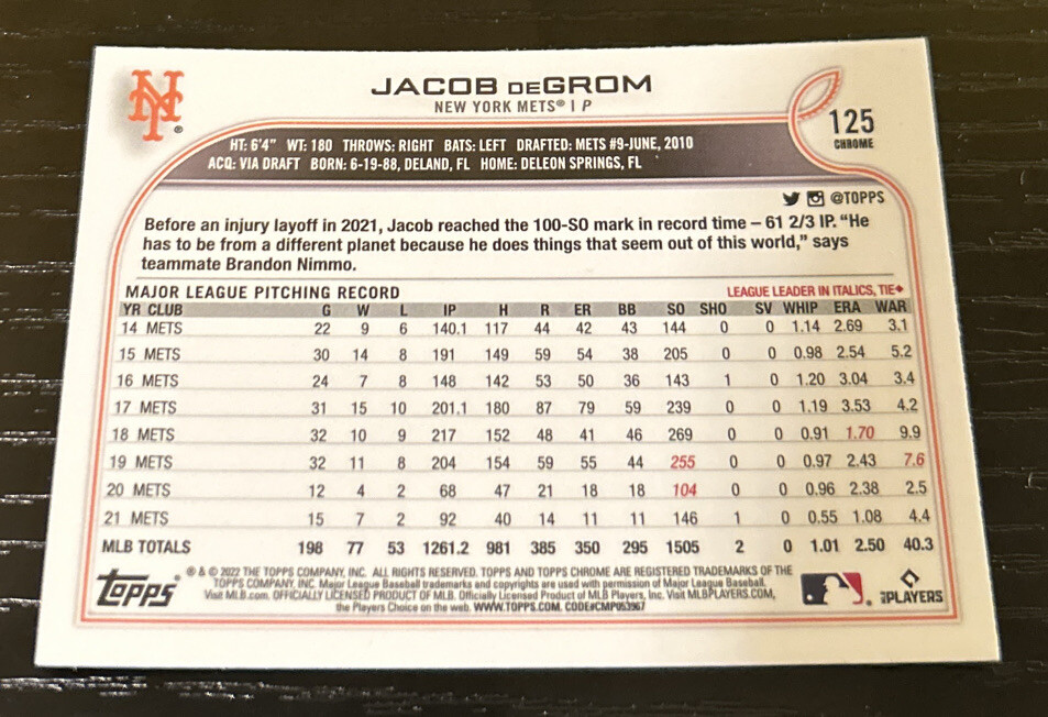 2022 Topps Chrome Jacob deGrom Prism Refractor | eBay