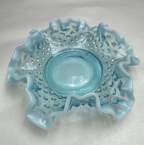 Fenton Aqua Blue Opalescent Hobnail Ruffle Candy Trinket Dish 6” Wide ...