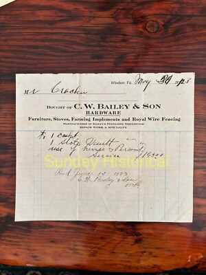 1923 C W Bailey & Son Hardware Windsor VA Invoice Hearse Casket Vault ...