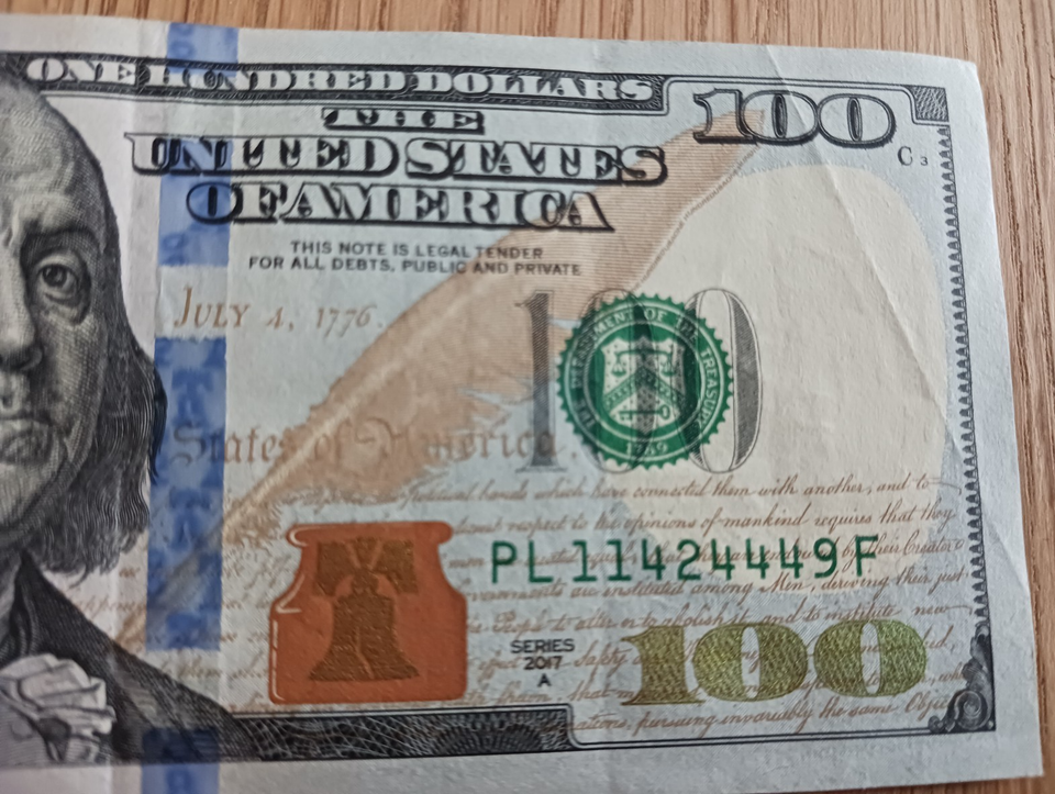 $100 DOLLAR BILL FULL HOUSE US NOTE 2017A FANCY SERIAL NUMBER "11424449 ...