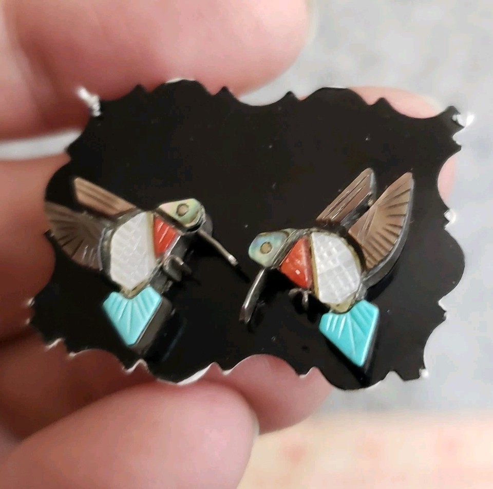 Zuni Hummingbird Stud Earrings Sterling Multi Stone Artist Stephen ...