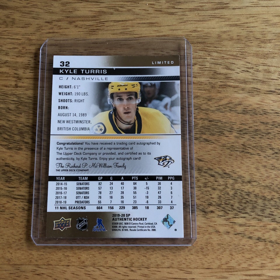 2019-20 sp authentic limited autograph auto card kyle turris nashville ...