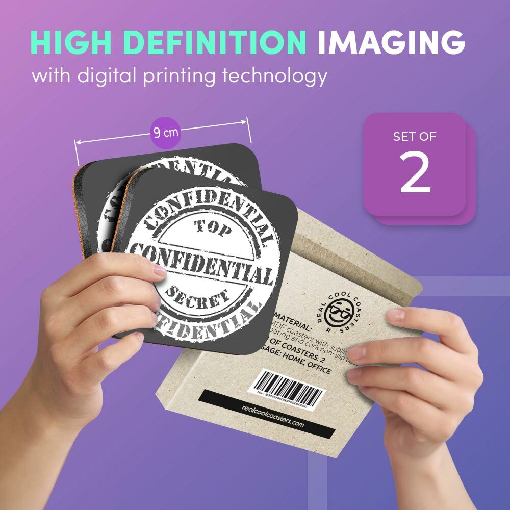 2 x Boxed Square Coasters - BW - Confidential Top Secret Girls Stamp ...