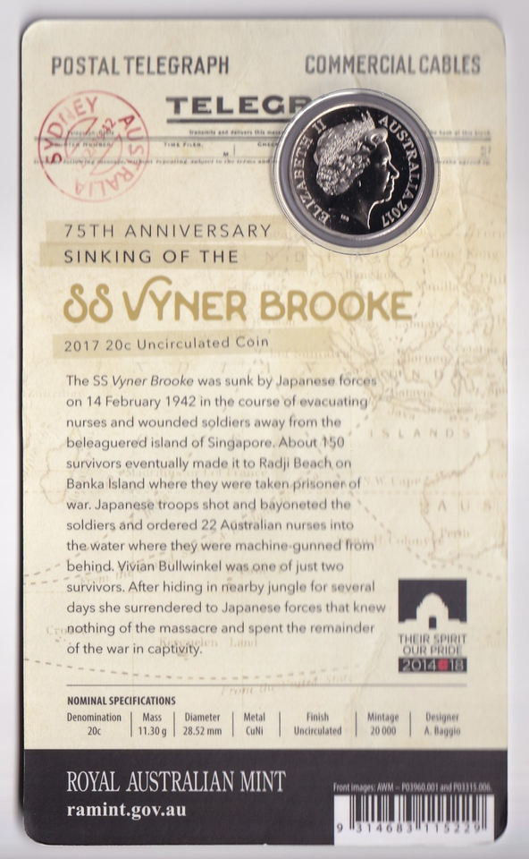 AUSTRALIAN: 2017 20 CENT SINKING OF THE SS VYNER BROOKE COIN ON CARD # ...