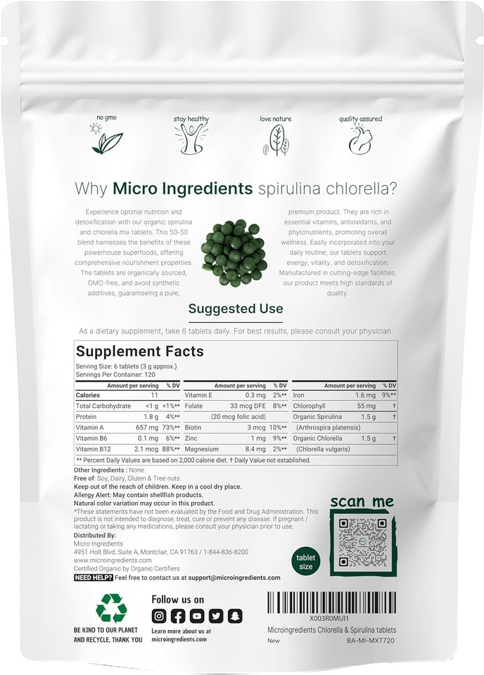 Micro Ingredients Organic Spirulina Chlorella Tablets, 720 Tablets (4 ...