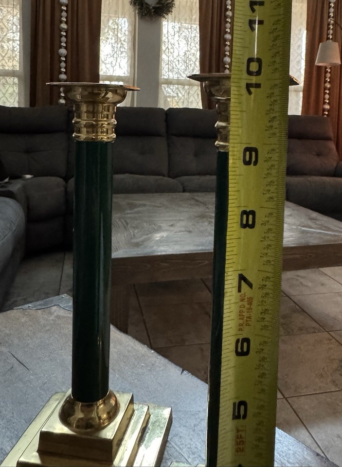 Vintage Valsan Green & Brass Column Candlesticks Pair Made in Portugal ...