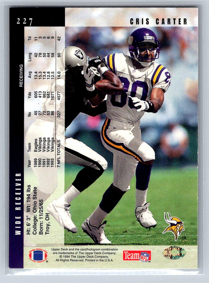 # 227 Cris Carter Minnesota Vikings 1994 Upper Deck | eBay