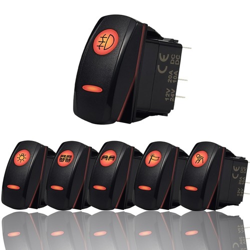 5Pin Laser Etched Rocker Toggle Switch 12-24V Orange LED On/Off Fixed ...