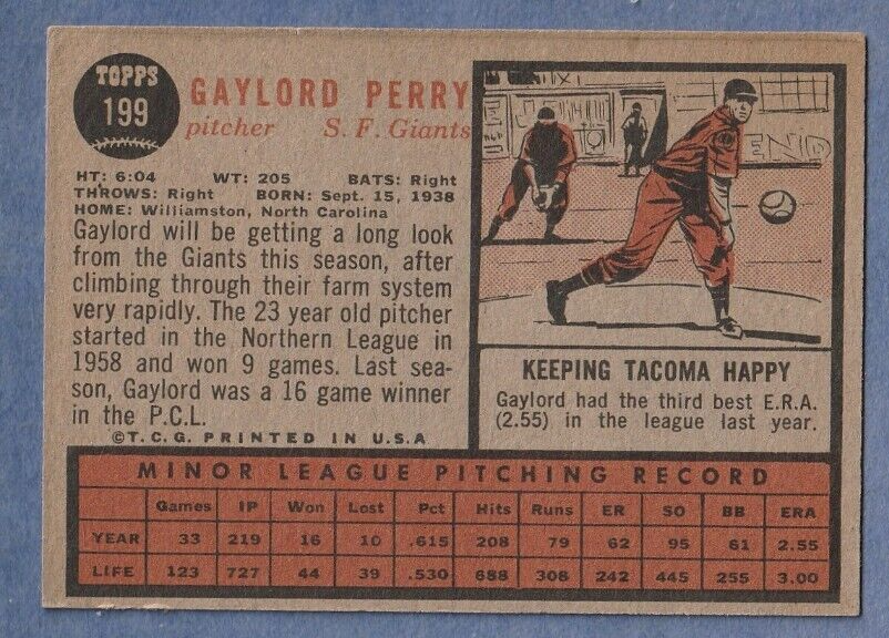 1962 TOPPS GAYLORD PERRY ROOKIE #199 EX+/EXMT GIANTS HOFer | eBay