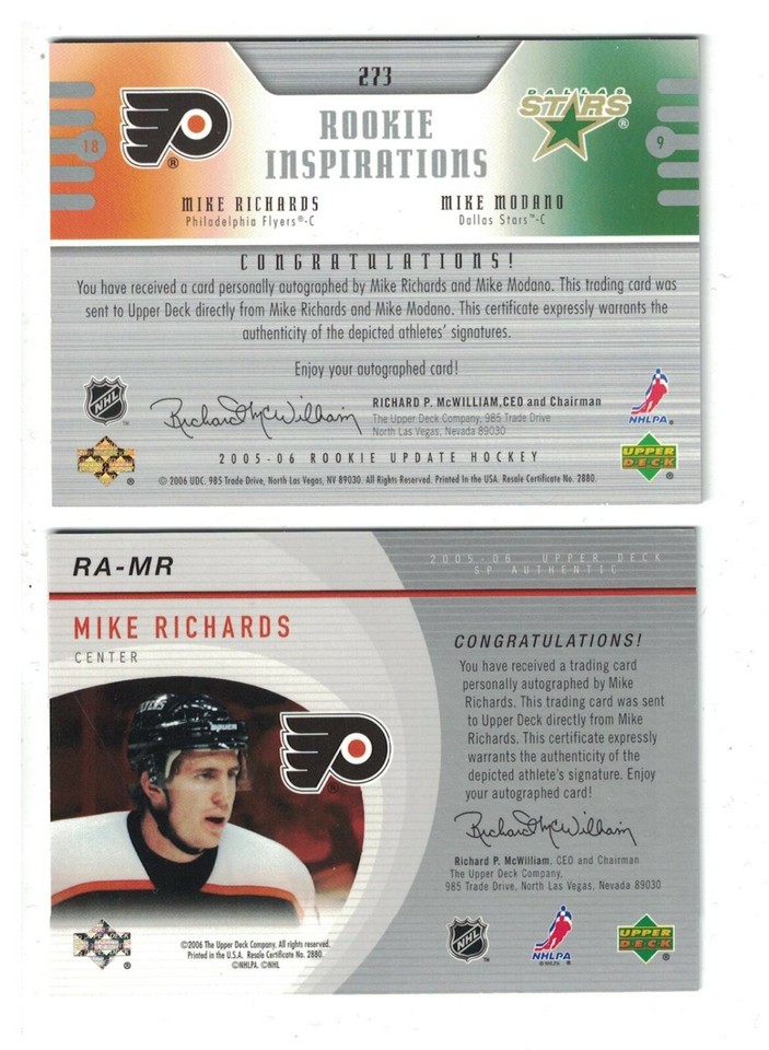 MIKE RICHARDS & MIKE MODANO 2005 UPPER DECK ROOKIE UPDATE DUEL ...