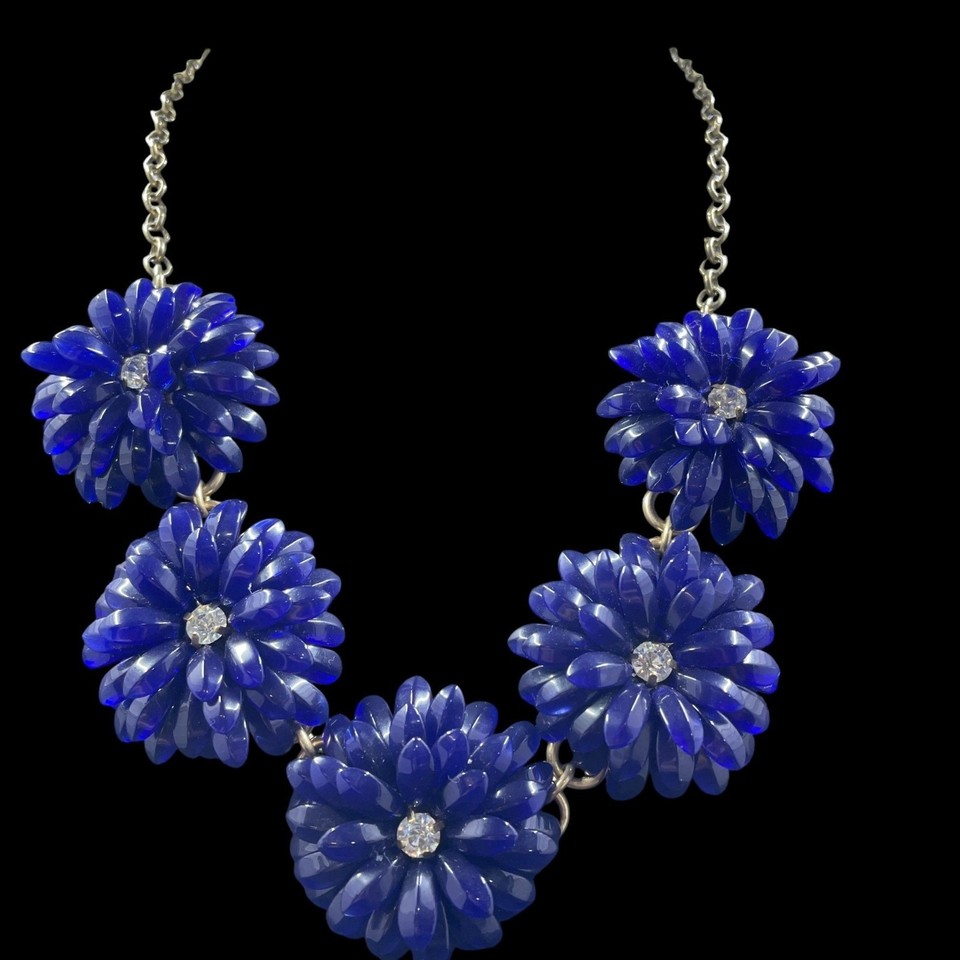 J Crew Blue Statement Floral Necklace Royalcore Coquette Vintage Bold ...