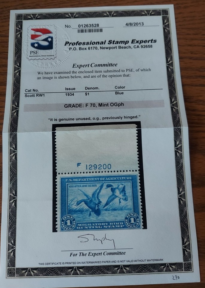 Scott RW1 1934 $1.00 Duck Stamp Mint OG ph with PSE CERTIFICATE, Plate ...