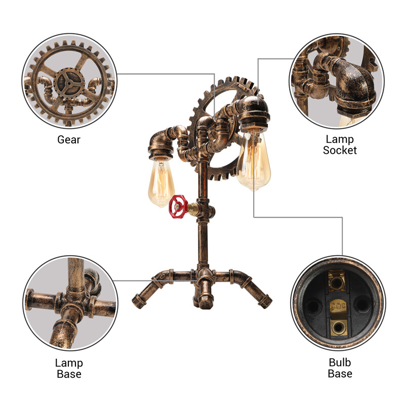 Industrial Steampunk Pipe Table Lamp Vintage 2 Lights Desk Lamp Gear ...