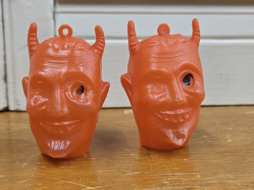 Two Vtg Halloween winking Devil head blow mold candy container topper ...