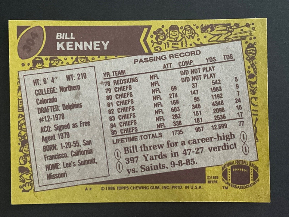 Bill Kenney 1986 Topps Football Card #304 - Kansas City Chiefs ...