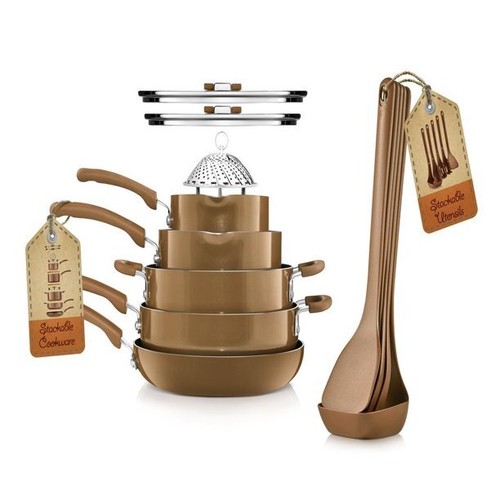 NutriChef Kitchenware 17 Piece Non-Stick Cookware Set, Brown | eBay