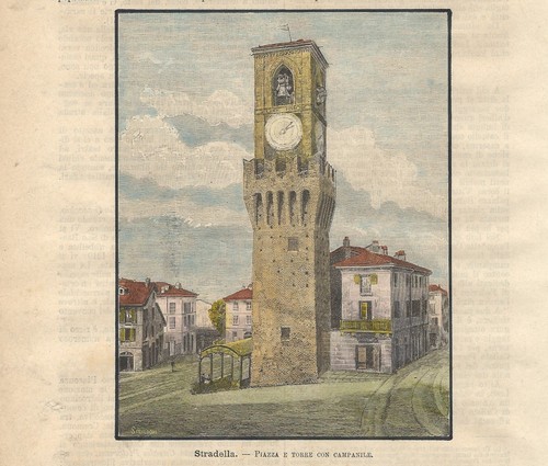Stampa antica STRADELLA Piazza e Torre Civica Pavia 1891 Old antique ...