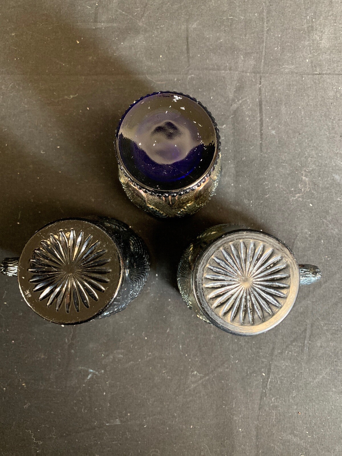 Dugan Diamond Beaded Shell Blue And Amethyst Carnival Glass Cups Set Of ...