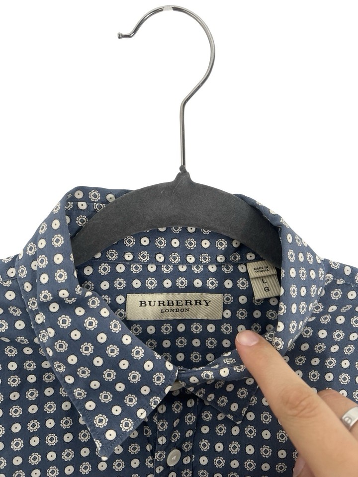 Burberry London Men’s Large Short Sleeve Button Up Shirt Blue Geometric ...
