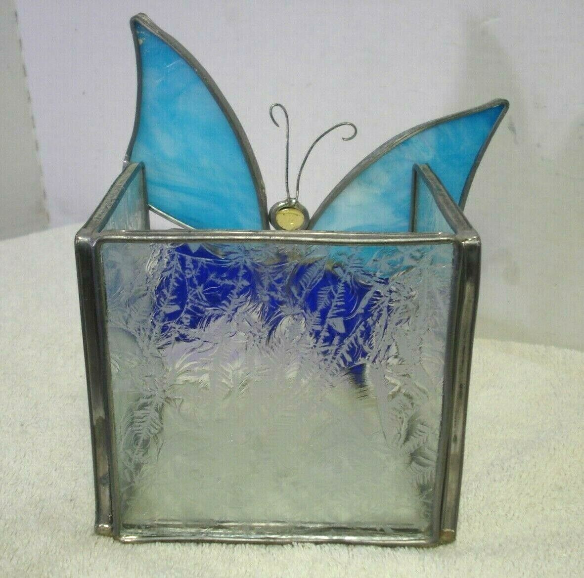 iridescent STAIN GLASS butterfly blue chip glass candle box silver tone ...