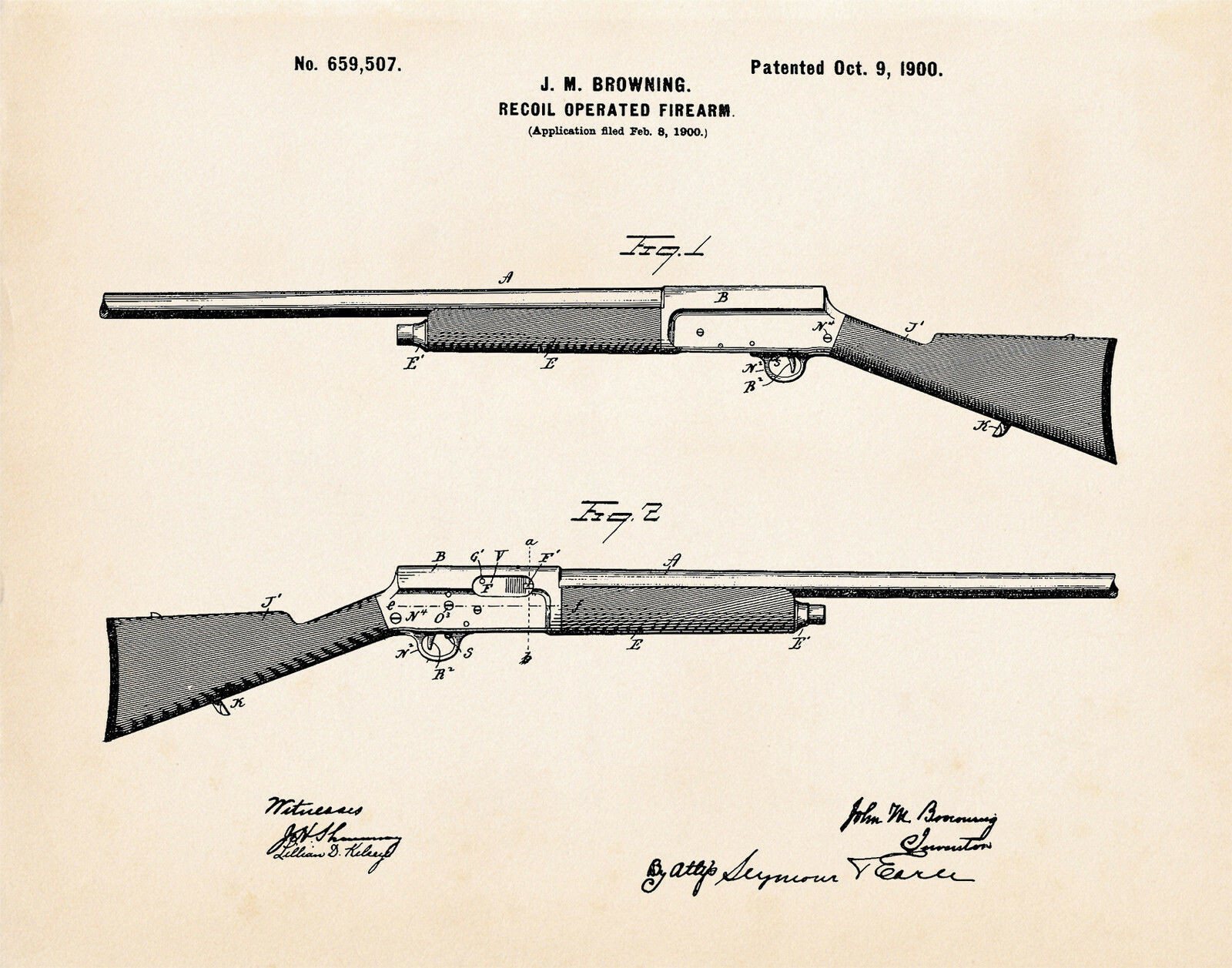 John Browning 1900 Semi-Auto Shotgun AUTO 5 A5 A-5 Patent Drawing Gun ...