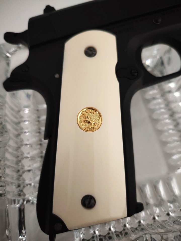 Colt bonded ivory 1911 grips gold metal medallion Government Commander ...