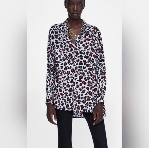 Zara Basic Black and Red Animal Print Button Down Shirt, Womens Medium Oversized | eBay UK
