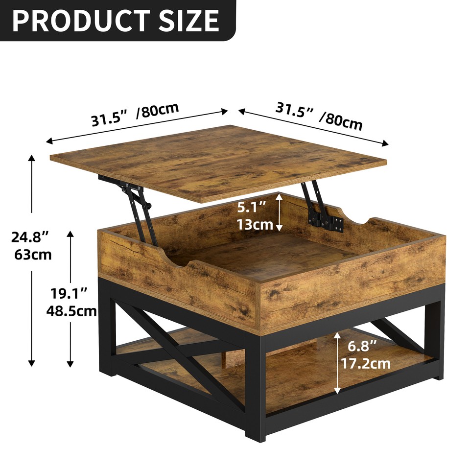 Square Lift Top Coffee Table with Storage Rustic Wood Center Table ...