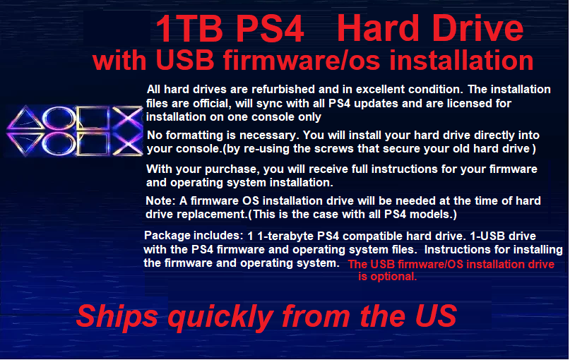 PS4 (all models) 1TB Internal Hard Drive USB OS & Firmware Option ...
