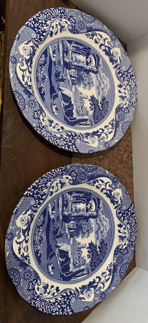 Pair Of Spode Italian c 1816 Blue White Dinner Plates Signed 10.5” EUC ...