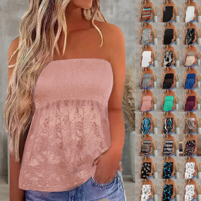 Women Summer Strapless Bandeau Boob Tube Tops Ladies Beach Blouse T ...