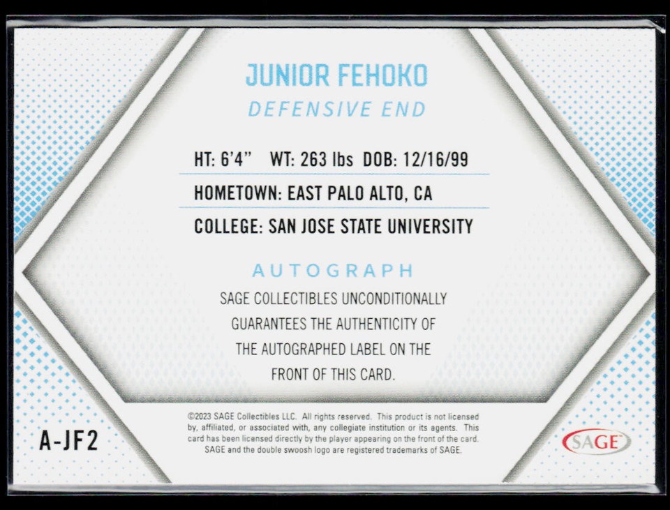 2023 SAGE HIT #A-JF2 Junior Fehoko Autographs Silver (High Series) | eBay
