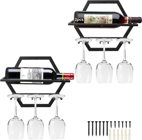 YALINKA 2Pcs Wall Mounted Wine Bottle Stemware Rack, Metal Hanging A2 ...