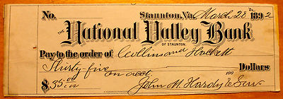 1892 National Valley Bank of Staunton VA Cancelled Check | eBay
