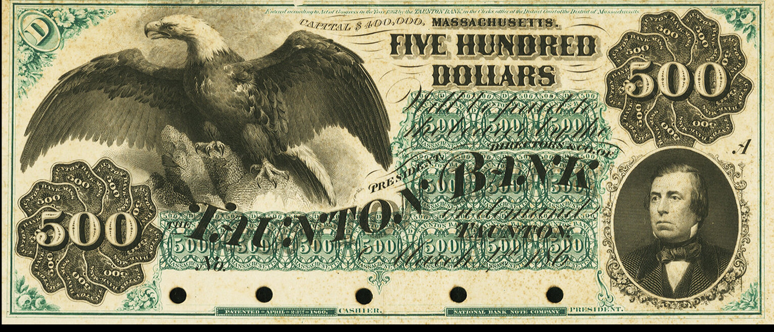 $500 Taunton Bank Obsolete Currency Sheet REPRODUCTION Vignette Bald ...