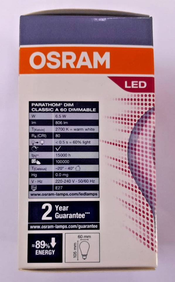 1x 6.5W (=60W) Osram GLS Dimmable Clear LED Filament ES E27 Light Bulb ...