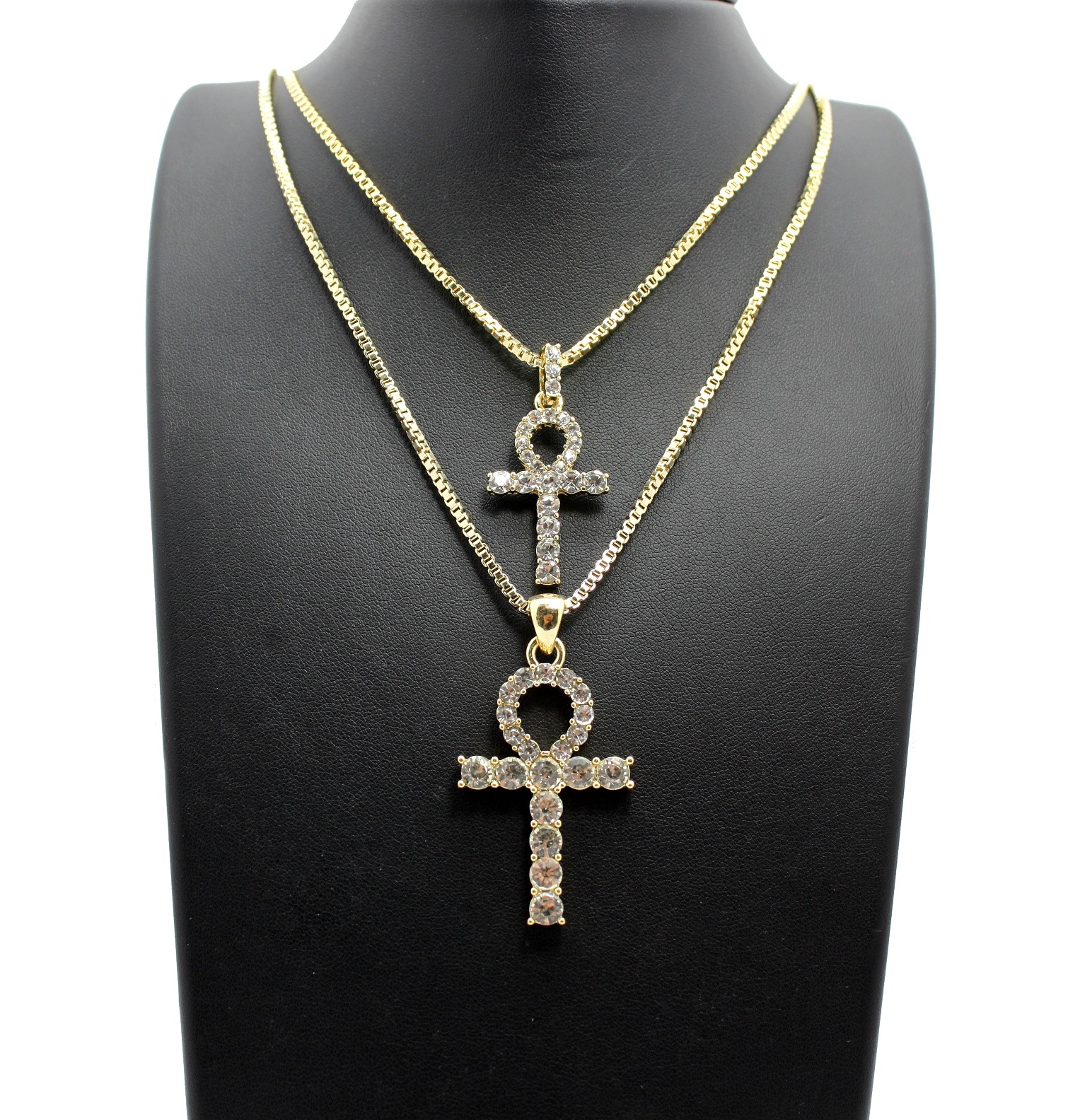 Egyptian Double Ankh Pendant 18",20",24",30" Box chain 2 Necklace Set ...