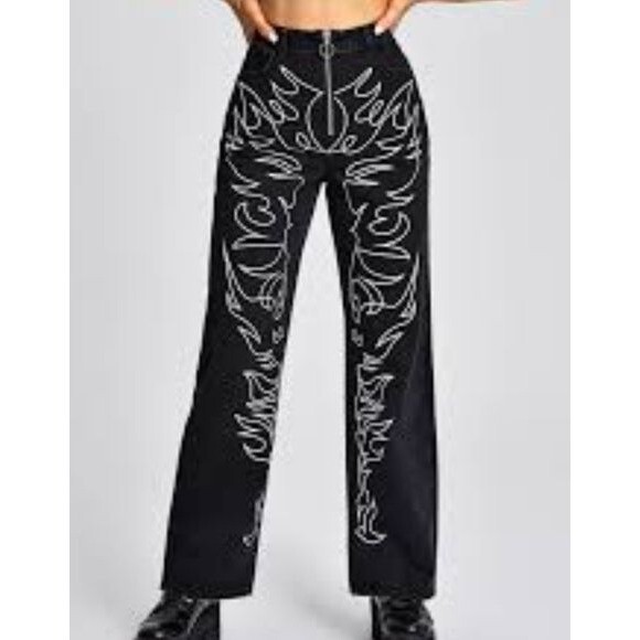 Shein Jeans Womens L Zip Fly Black/White Fire Print Stretch Grunge Moto ...