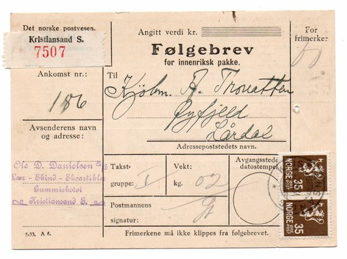 NORWAY: Address letter for parcel Kristiansand 1934. | eBay